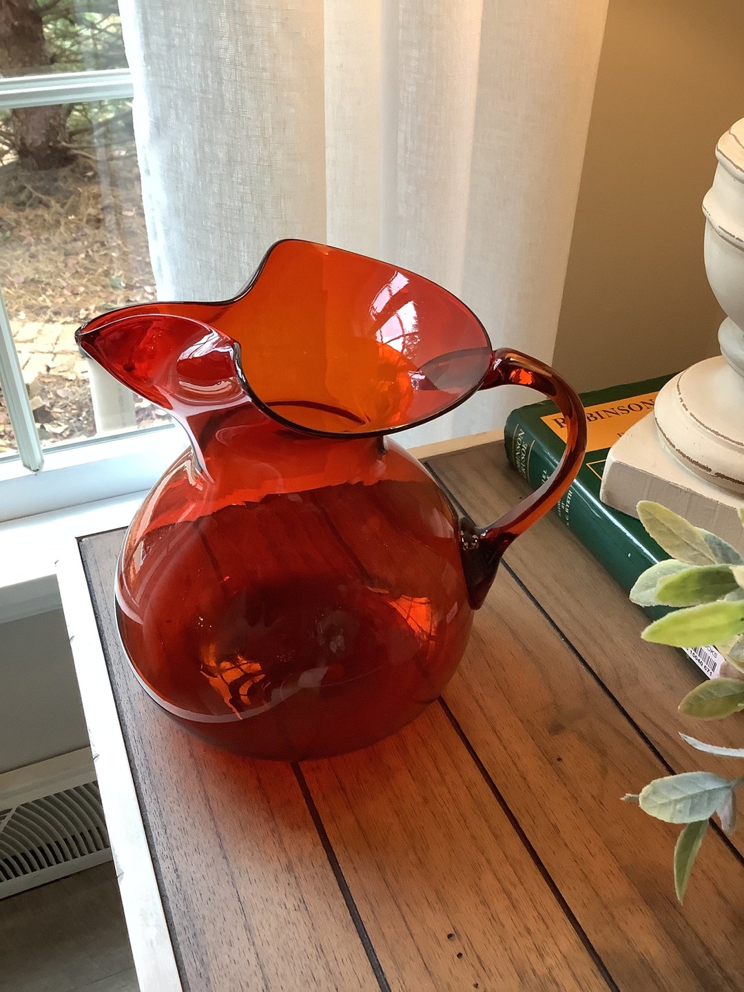 Vintage Orange Glass Pitcher, Hand Blown Art Glass Pitcher, Large ...