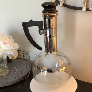 Vintage Mid Century Glass Coffee Carafe, Wooden Handle, Silver Tone ...