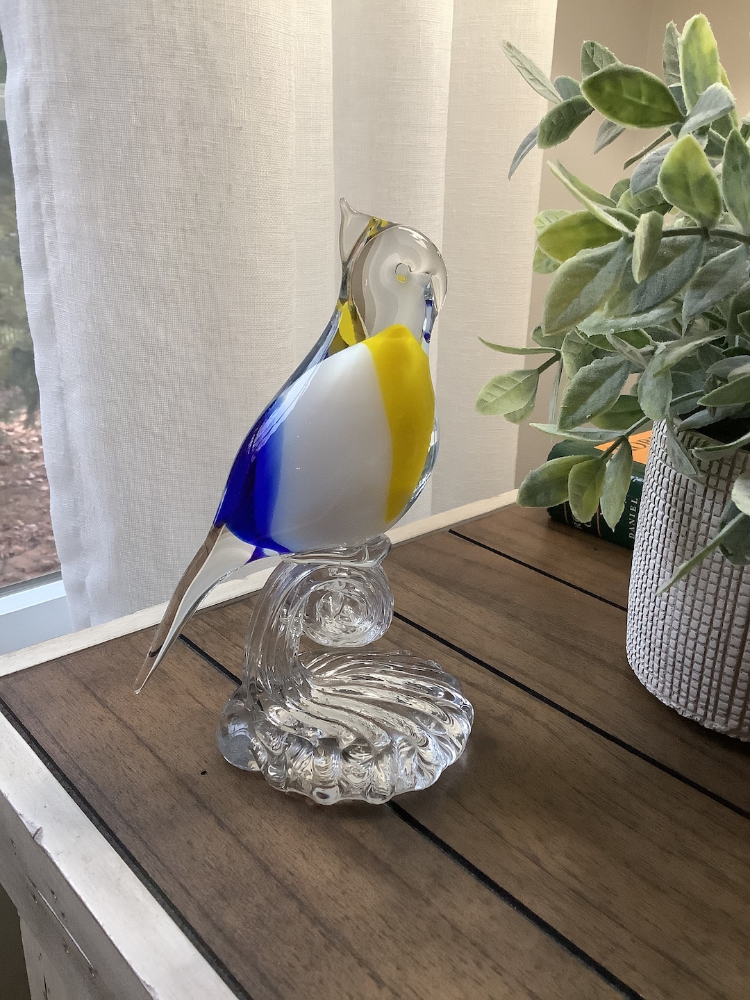 Large Glass Parrot, Hand-blown Art Glass Bird on Perch, Yellow Blue and ...