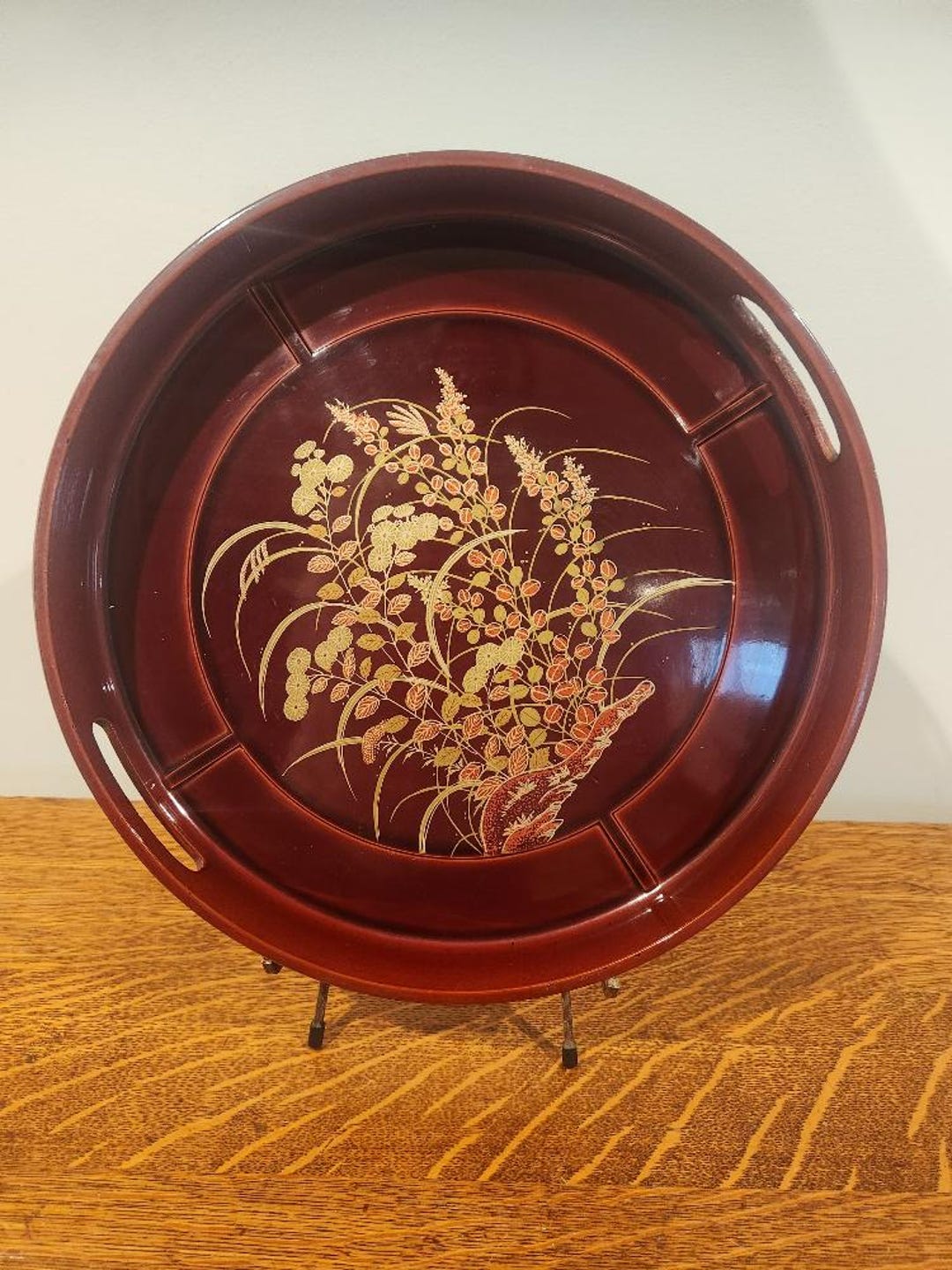 Vintage Japanese Lacquerware Tray, Red Round Serving Tray With Gold ...