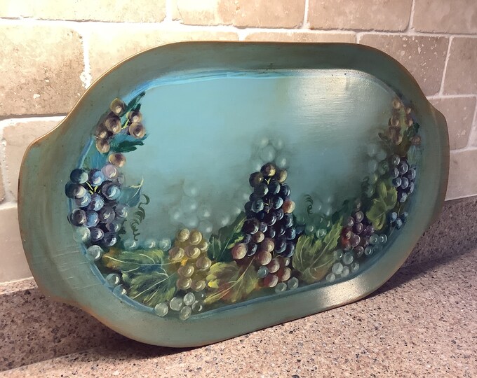 Vintage Wooden Tray, Tole Painted 12x20 Oval Tray in Teal With Grape ...