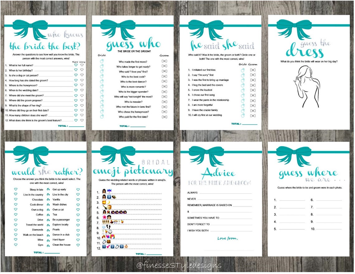Breakfast at Tiffany's Bridal Shower Games Bundle, Elegant Teal Blue ...