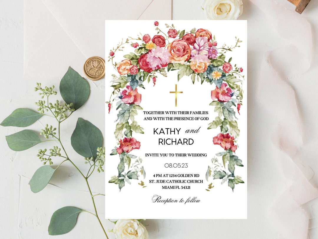 Floral Arch Wedding Invitation, Catholic Floral Wedding Invitation ...