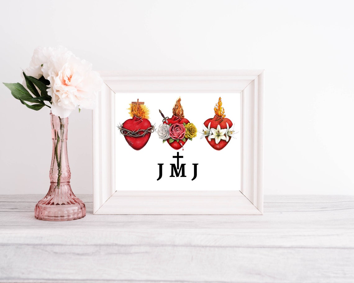 Jesus Mary Joseph Art Print: Three Hearts of the Holy Family (digital ...