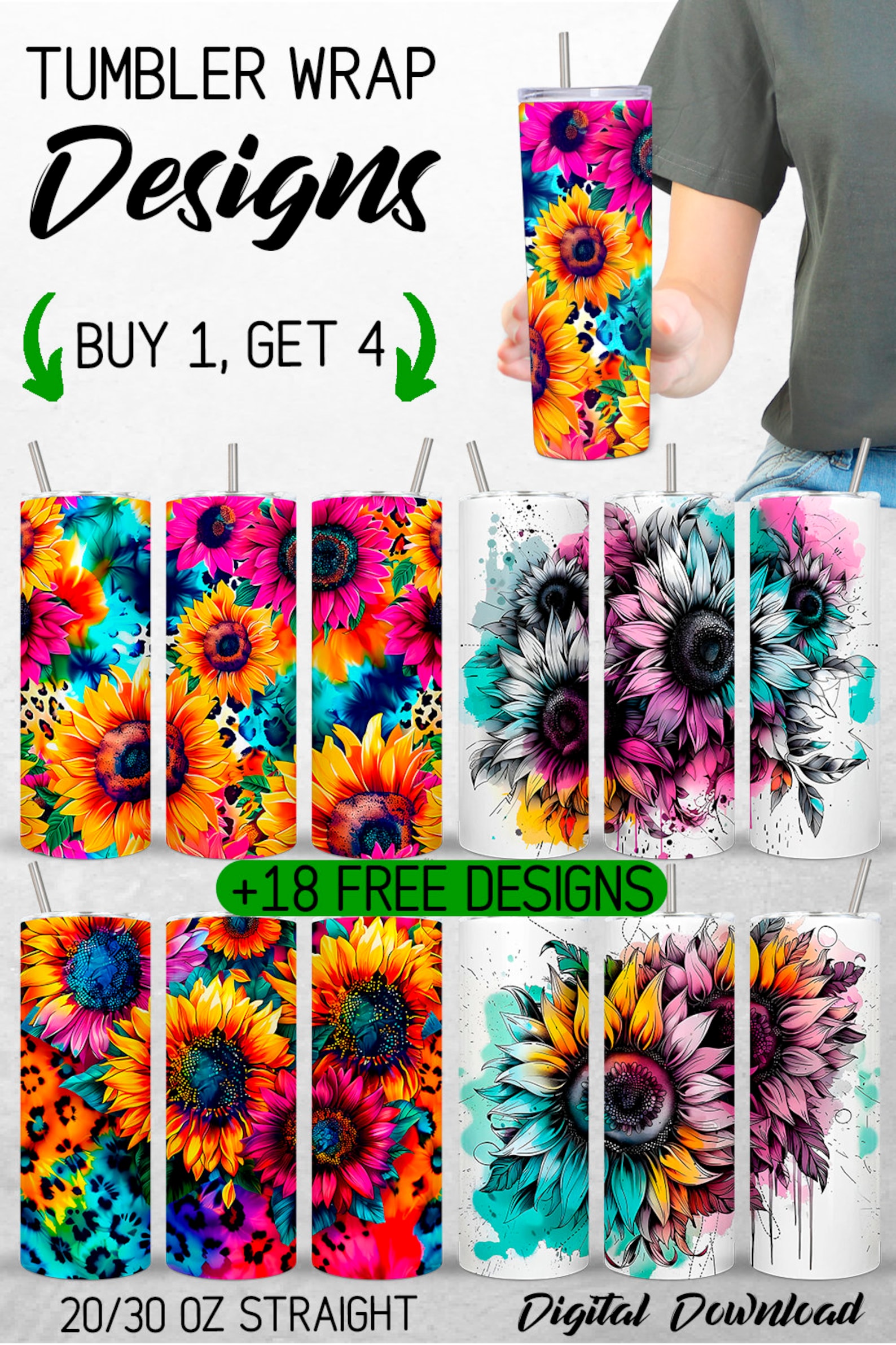 Seamless Sunflower Tumbler Wrap Bundle Colorful Flowers 20oz Tumbler ...