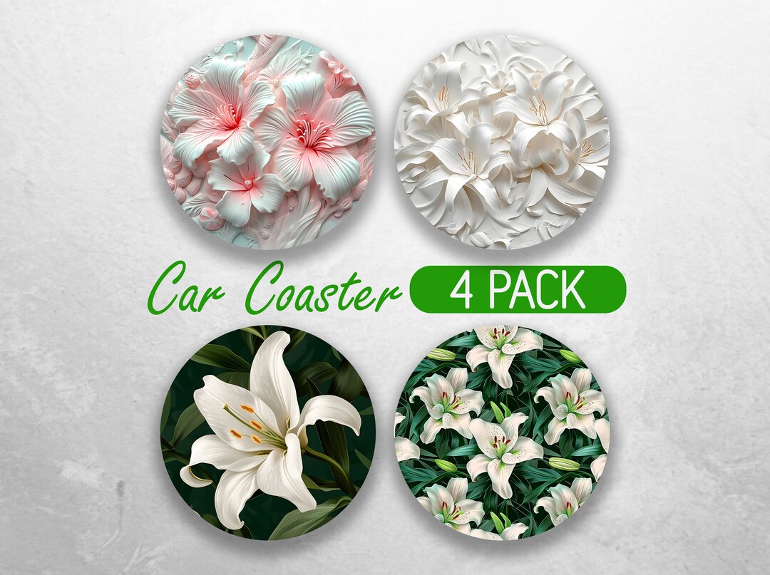 3D White Lilies Car Coaster PNG Lilies Flowers Car Coaster Sublimation ...