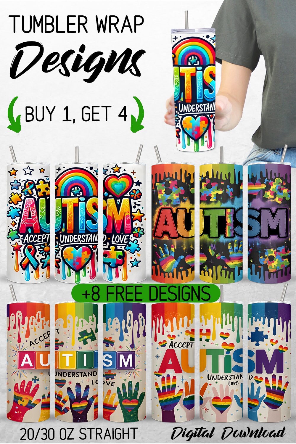 Autism Tumbler Wrap Bundle Autism Awareness 20oz Tumbler PNG Proud ...