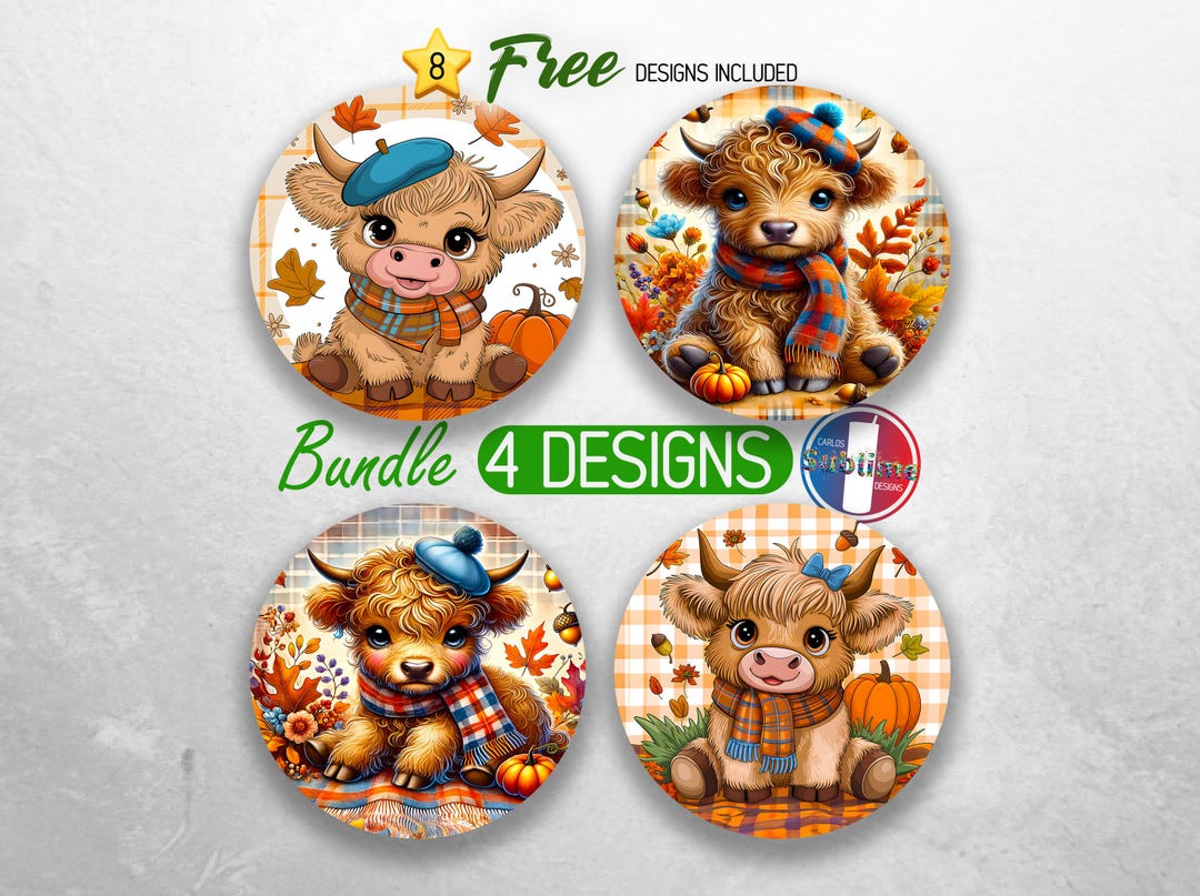 Highland Cow Car Coaster PNG Bundle Cute Cow Coaster Png Sublimation ...
