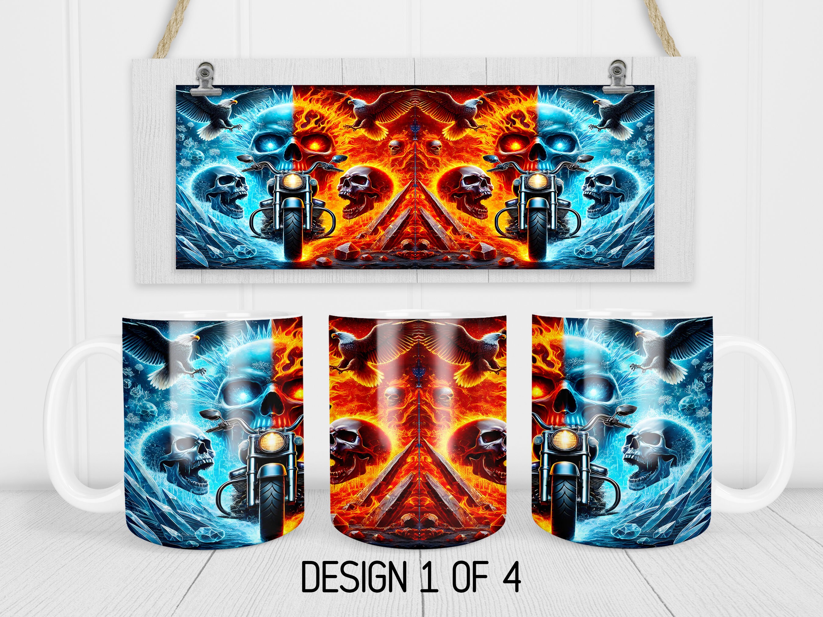Motorcycle Mug Wrap PNG Bundle Fire Skulls 15oz Mug Wrap Biker Full Mug ...