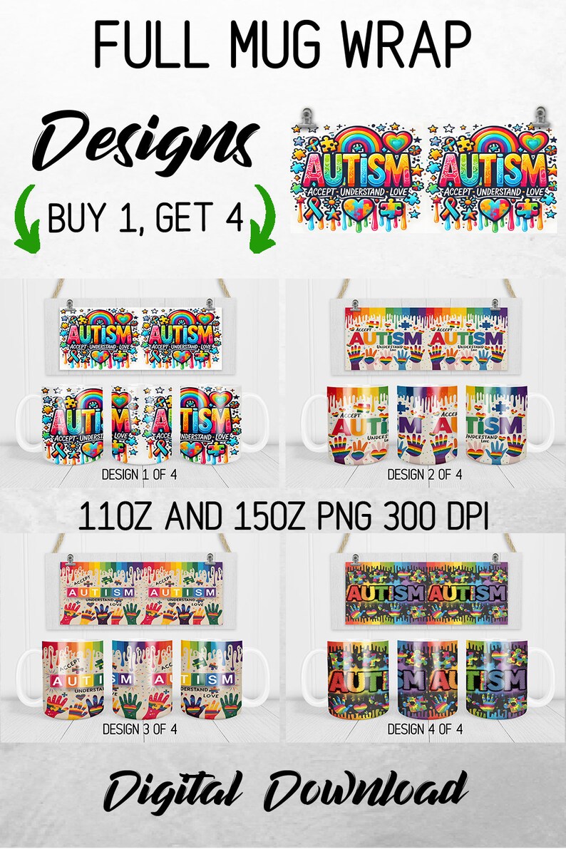 Autism Mug Wrap PNG Bundle Autism Awareness 15oz Mug Wrap Proud Autism ...