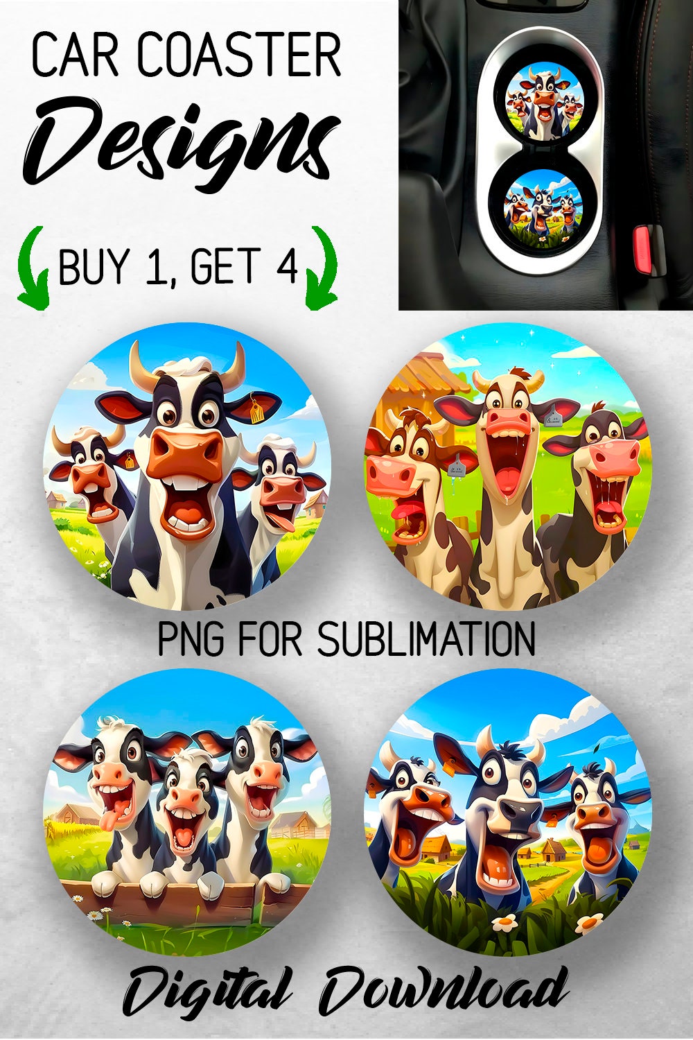 Selfie Funny Cows Car Coaster PNG Animal Farm Car Coaster Sublimation ...