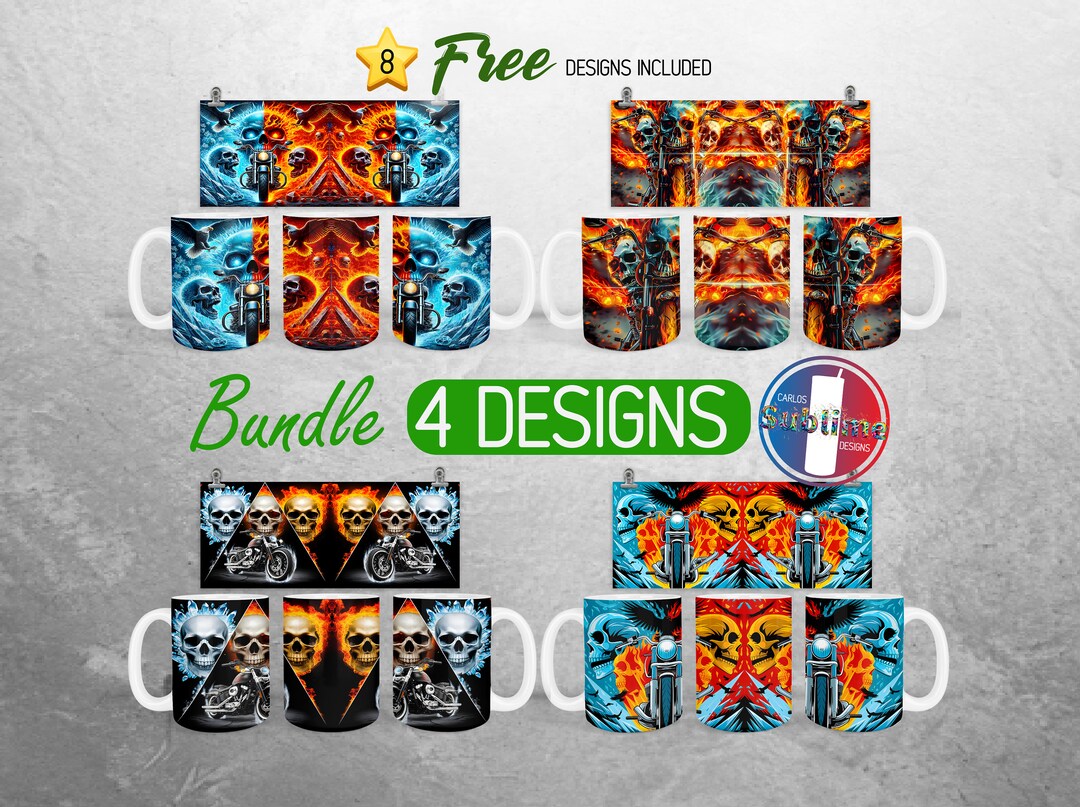 Motorcycle Mug Wrap PNG Bundle Fire Skulls 15oz Mug Wrap Biker Full Mug ...