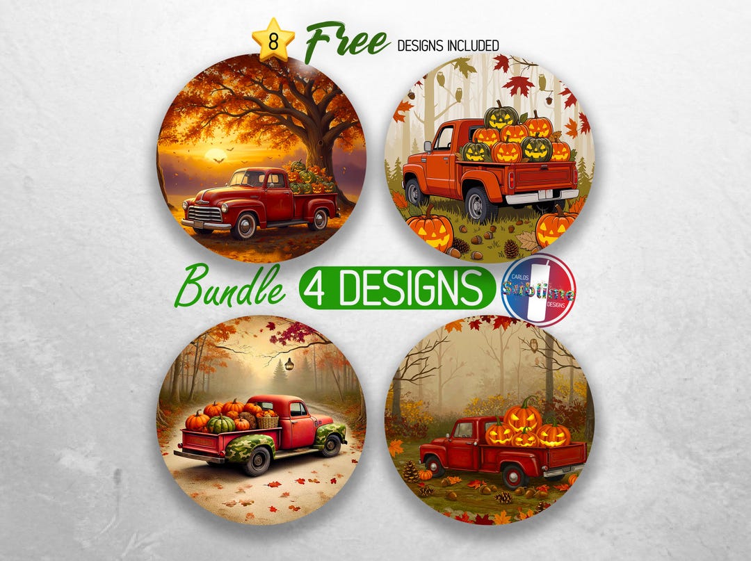 Little Red Truck Fall Car Coaster PNG Bundle Fall Pumpkin Patch Coaster ...
