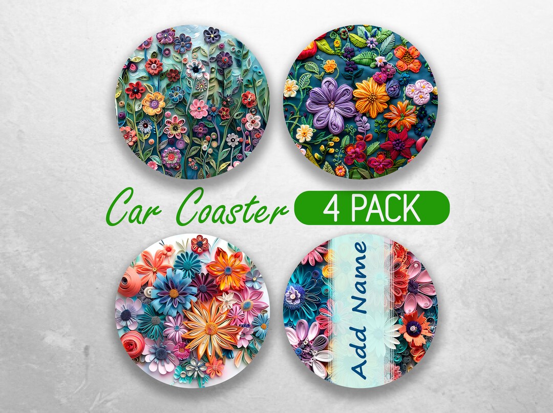 Colorful Spring Car Coaster PNG Embroidered Flowers Car Coaster Sublimation Designs Quilling ...