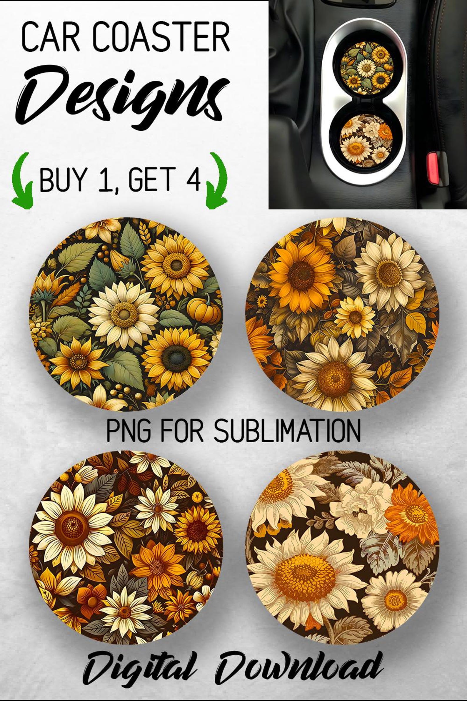 Fall Car Coaster PNG Bundle Sunflower Coaster Png Sublimation Cozy Fall ...