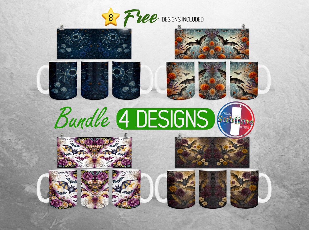 Gothic Bat Mug Wrap Bundle Halloween Bats Mug PNG Design Spooky Spider ...
