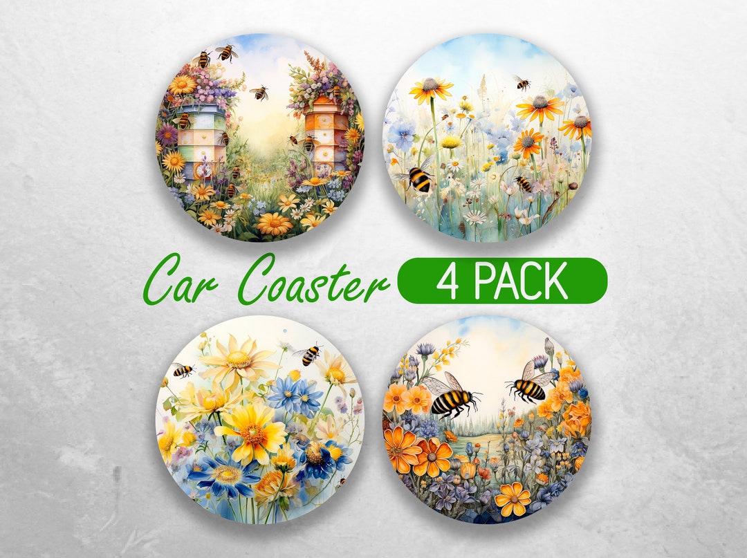 Bee Car Coaster PNG Wildflowers Car Coaster Sublimation Designs ...