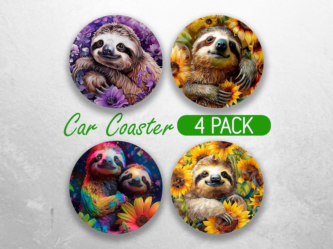 Sloth Sunflowers Car Coaster PNG Floral Cute Sloth Car Coaster ...