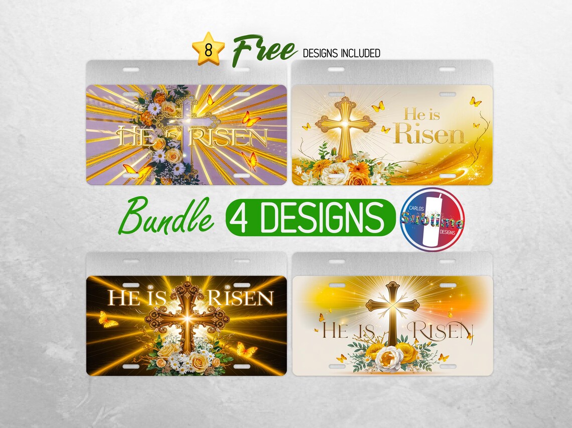 Easter He is Risen License Plate PNG Bundle Floral Christian Cross ...