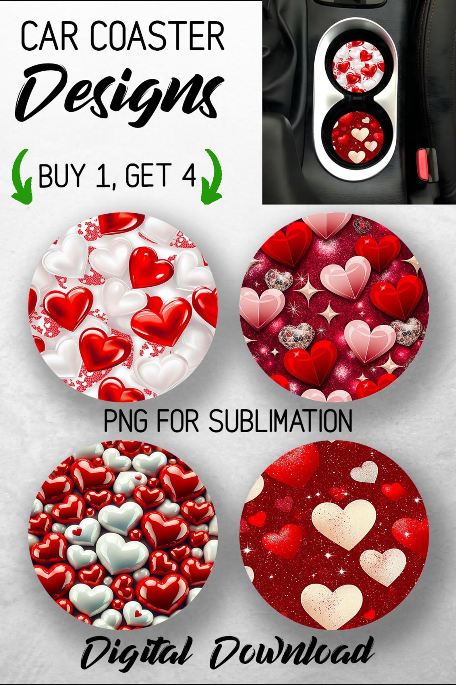 3D Valentines Day Hearts Car Coaster PNG Bundle Valentine Hearts ...
