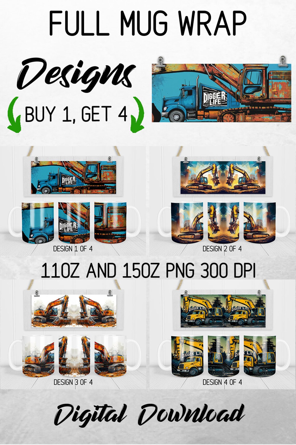 Construction Excavator Mug Wrap PNG Bundle Vehicles Truck 11oz and 15oz ...