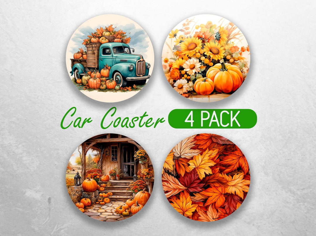 Fall Car Coaster PNG Sunflower Pumpkin Car Coaster Sublimation Designs ...