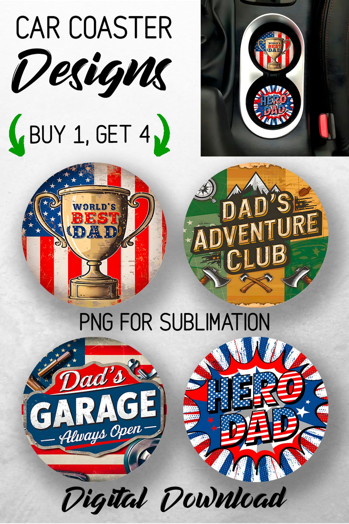 Retro Fathers Day Car Coaster PNG Patriotic Dad Car Coaster Sublimation ...