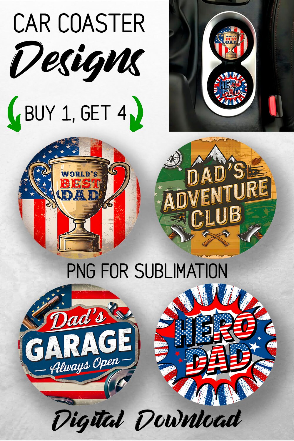 Retro Fathers Day Car Coaster PNG Patriotic Dad Car Coaster Sublimation ...