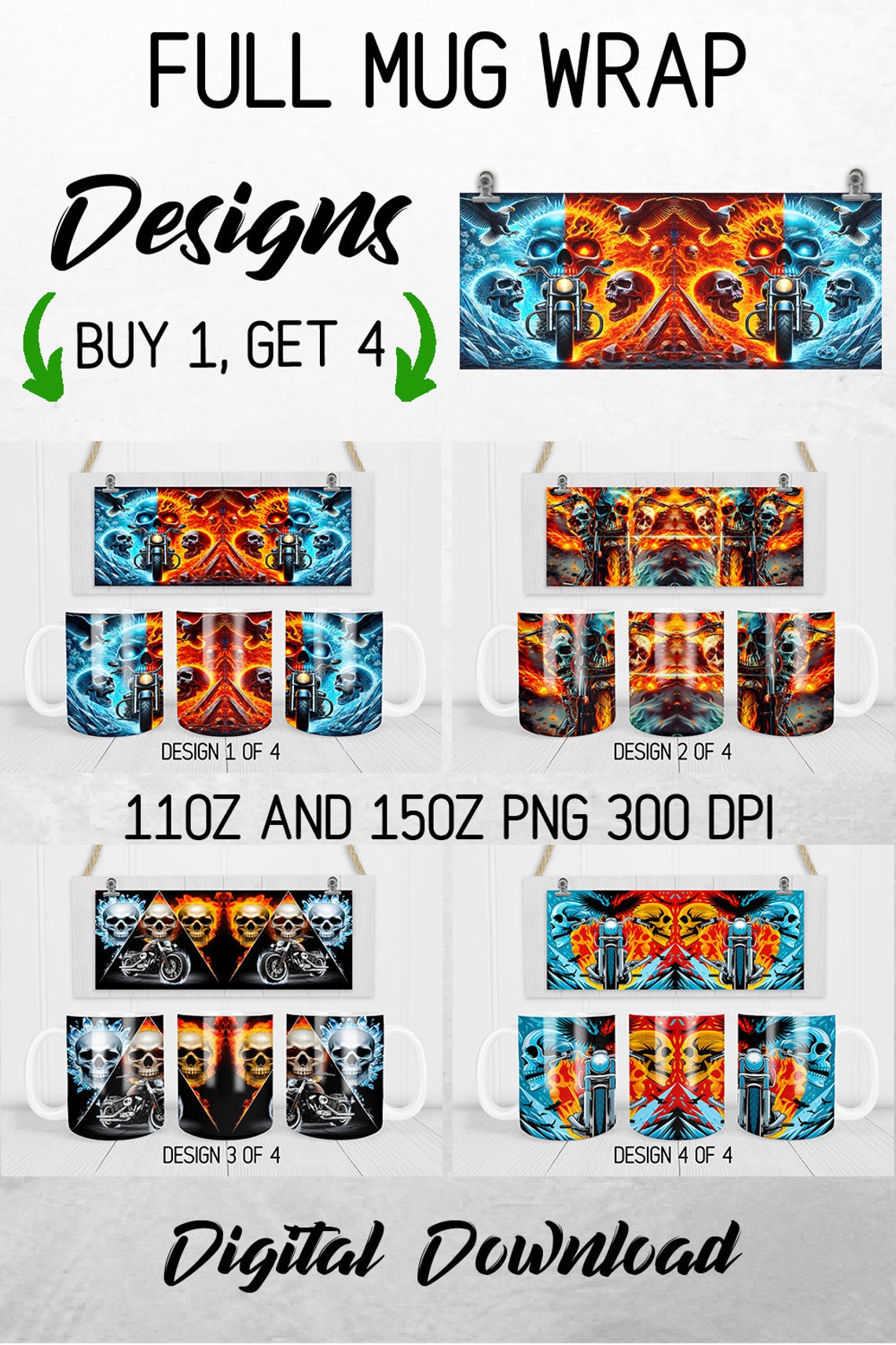 Motorcycle Mug Wrap PNG Bundle Fire Skulls 15oz Mug Wrap Biker Full Mug ...