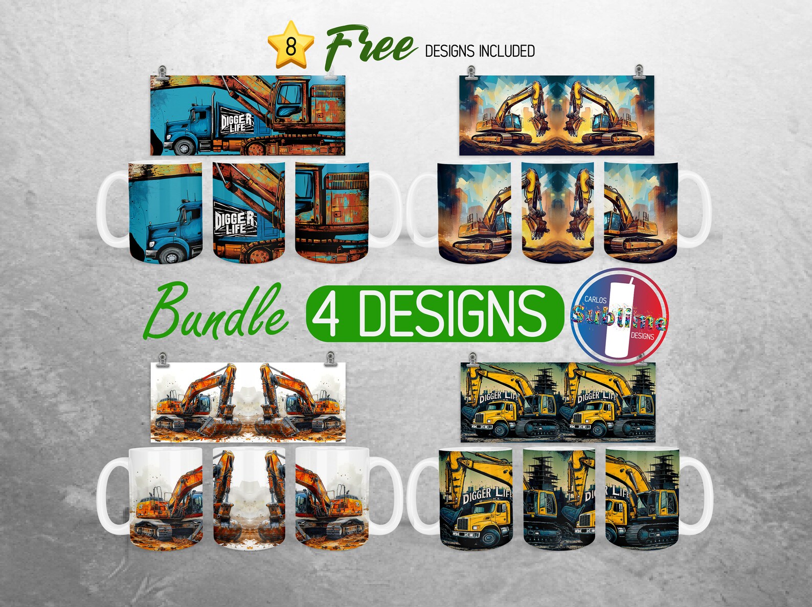 Construction Excavator Mug Wrap PNG Bundle Vehicles Truck 11oz and 15oz ...