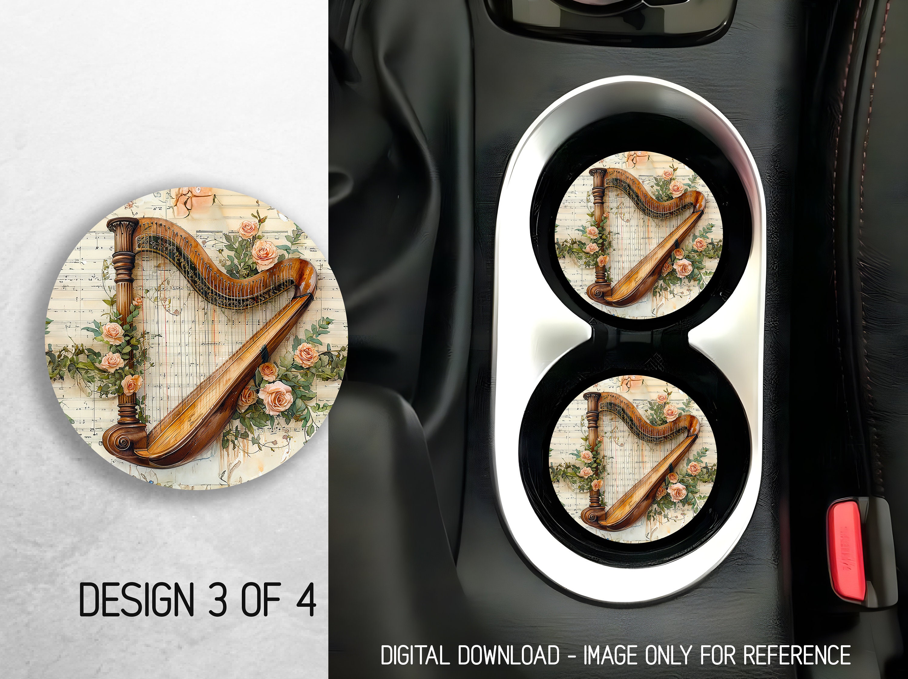 Harp Car Coaster PNG Bundle Floral Harp Coaster Png Sublimation Music ...