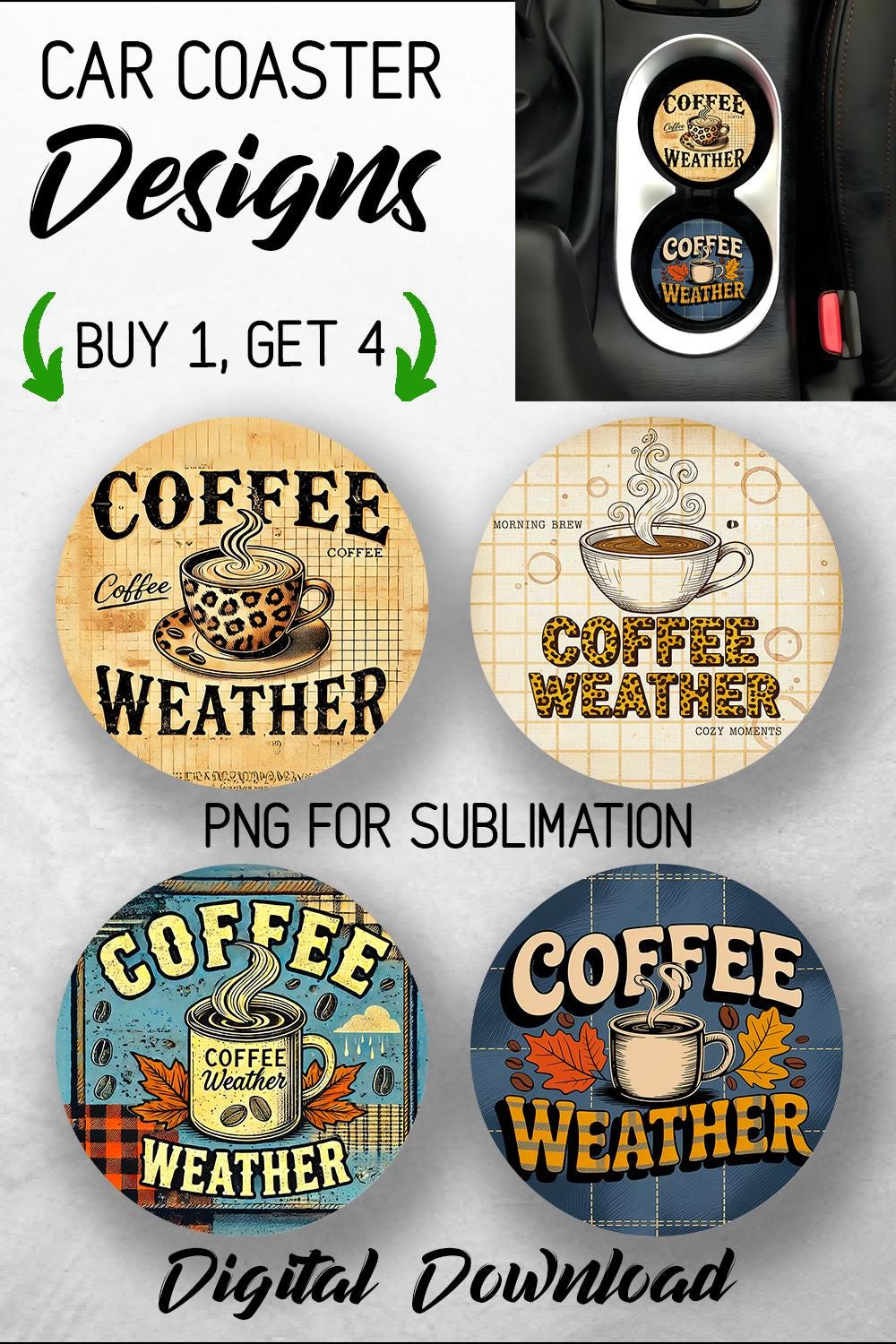 Coffee Weather Car Coaster PNG Bundle Leopard Print Coffee Lover ...