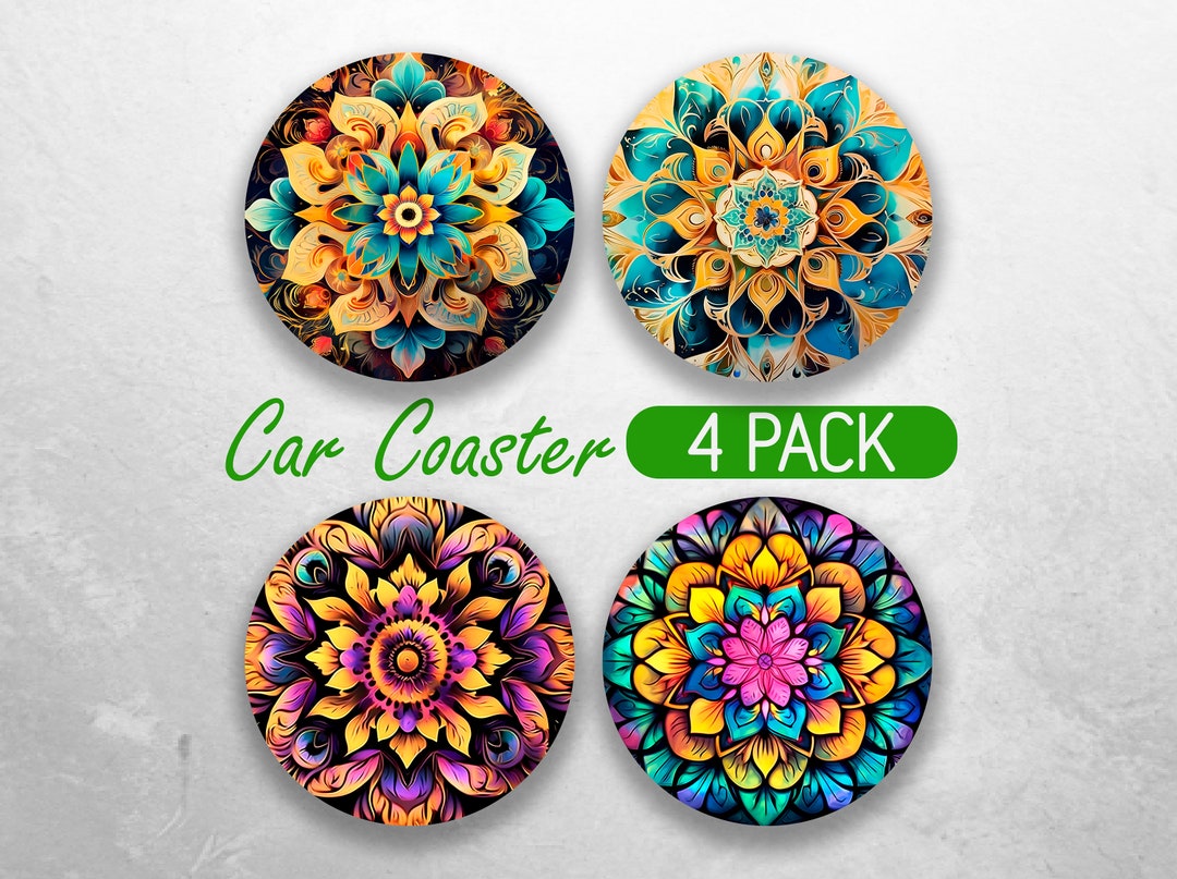 Colorful Mandala Car Coaster PNG Stained Glass Flower Car Coaster ...