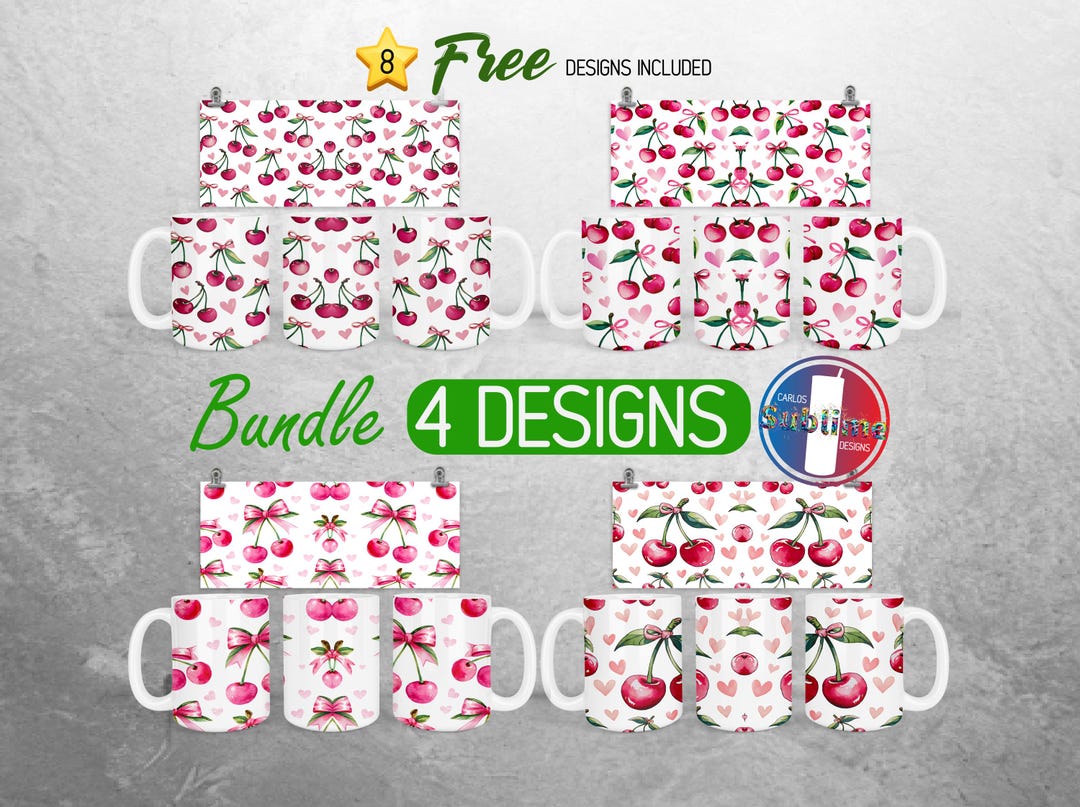 Coquette Ribbon Bow Mug Wrap Bundle Cherry Pink Mug PNG Design Girly ...