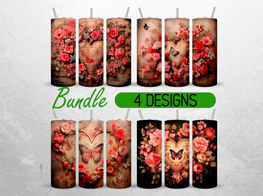 Copo de Dia dos Namorados Vintage 3D Envoltório Floral Borboleta Copo ...