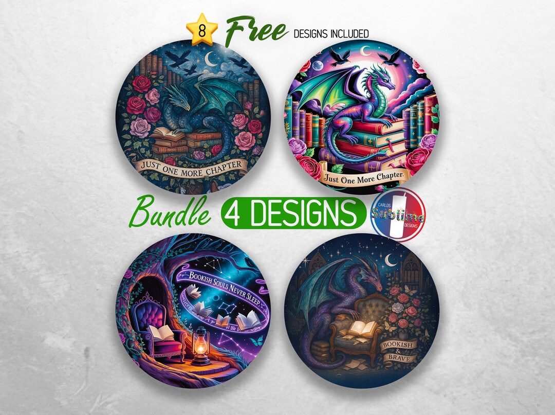 Book Lover Bookish Car Coaster PNG Bundle Book Dragon Coaster ...