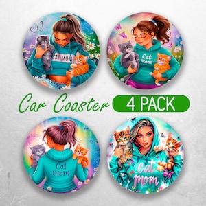 Cat Mom Car Coaster PNG Cat Woman Car Coaster Sublimation Designs ...