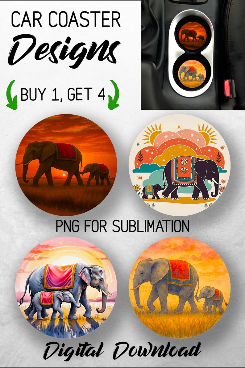 Baby and Mom Elephant Car Coaster PNG Bundle Baby Elephant Car Coaster ...