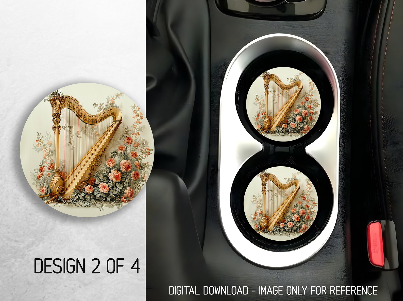 Harp Car Coaster PNG Bundle Floral Harp Coaster Png Sublimation Music ...