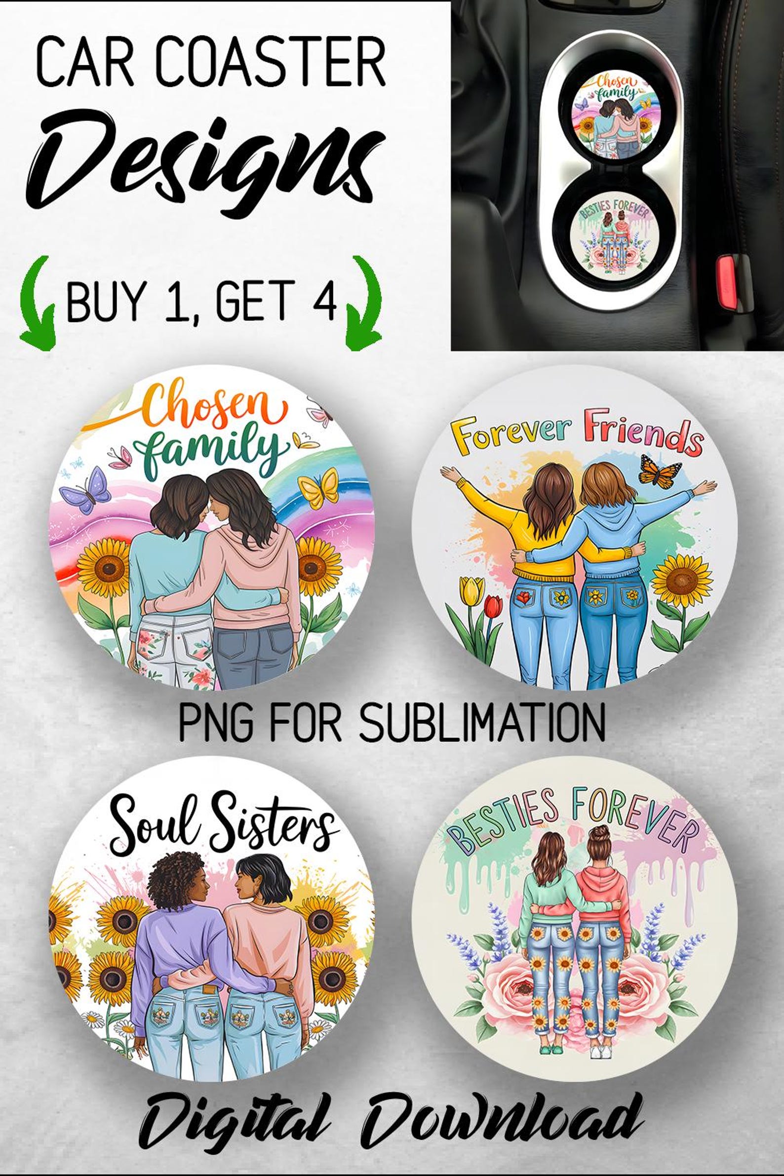 Best Friends Car Coaster PNG Bundle Badass Bestie Car Coaster ...