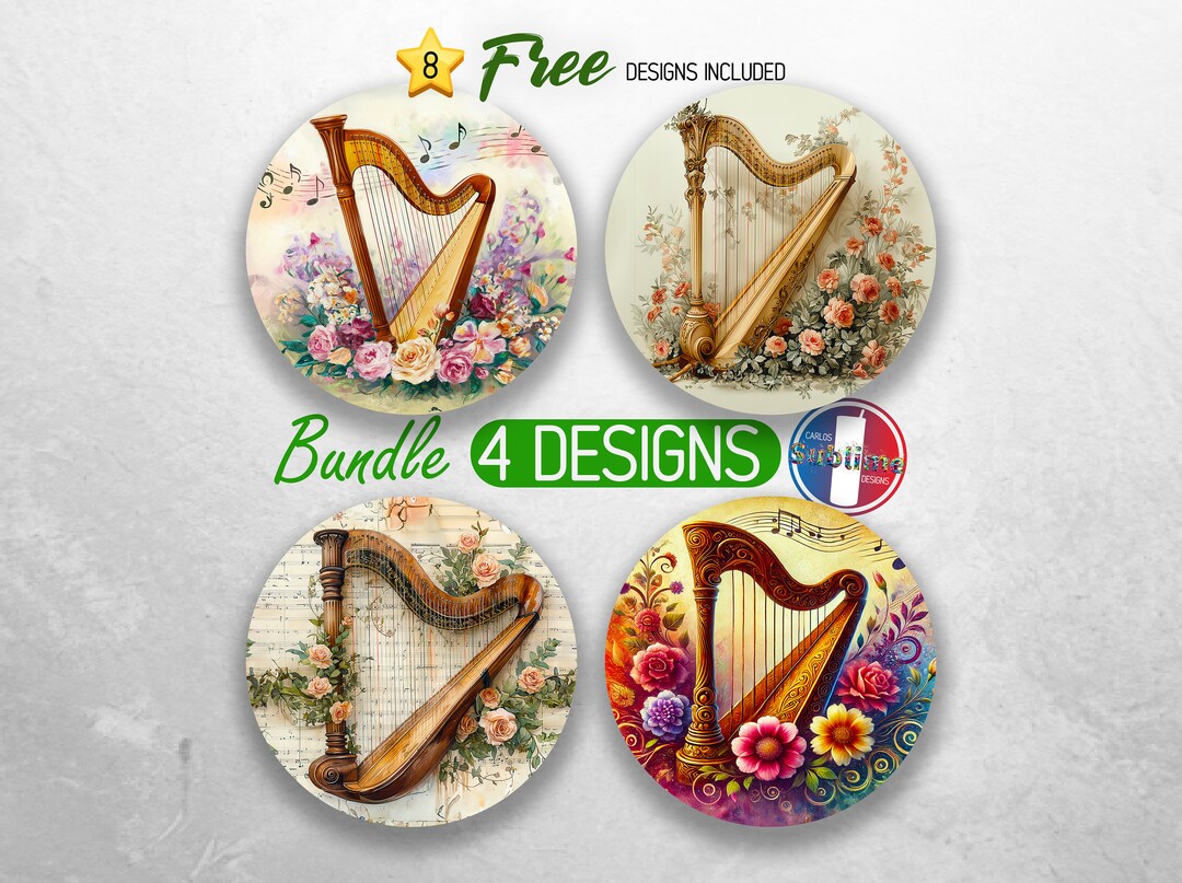 Harp Car Coaster PNG Bundle Floral Harp Coaster Png Sublimation Music ...