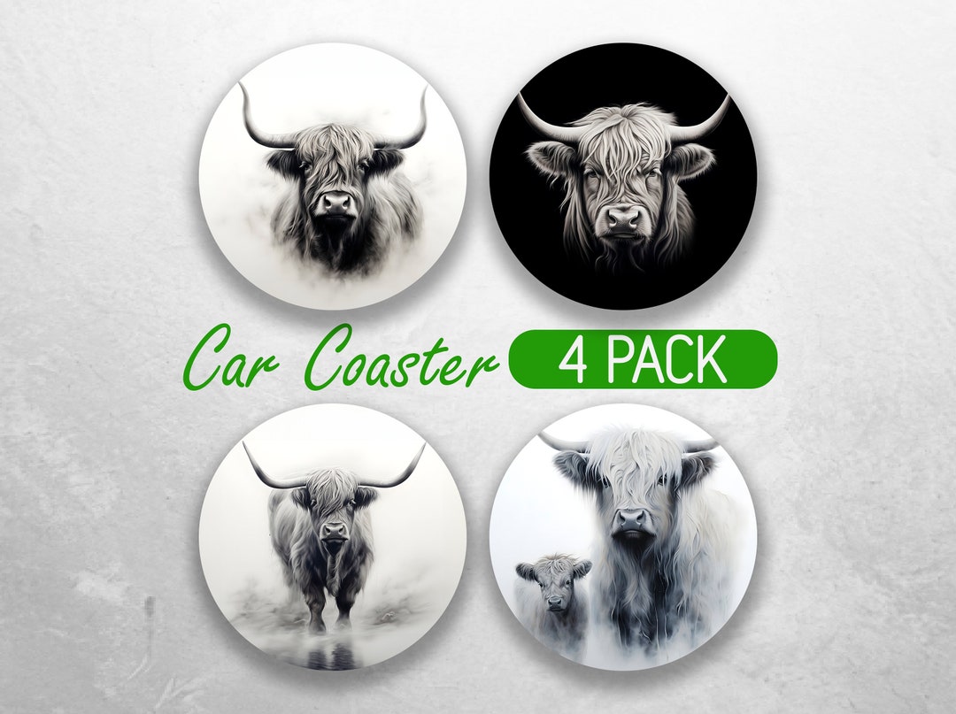 Highland Cow Car Coaster PNG Black and White Car Coaster Sublimation ...