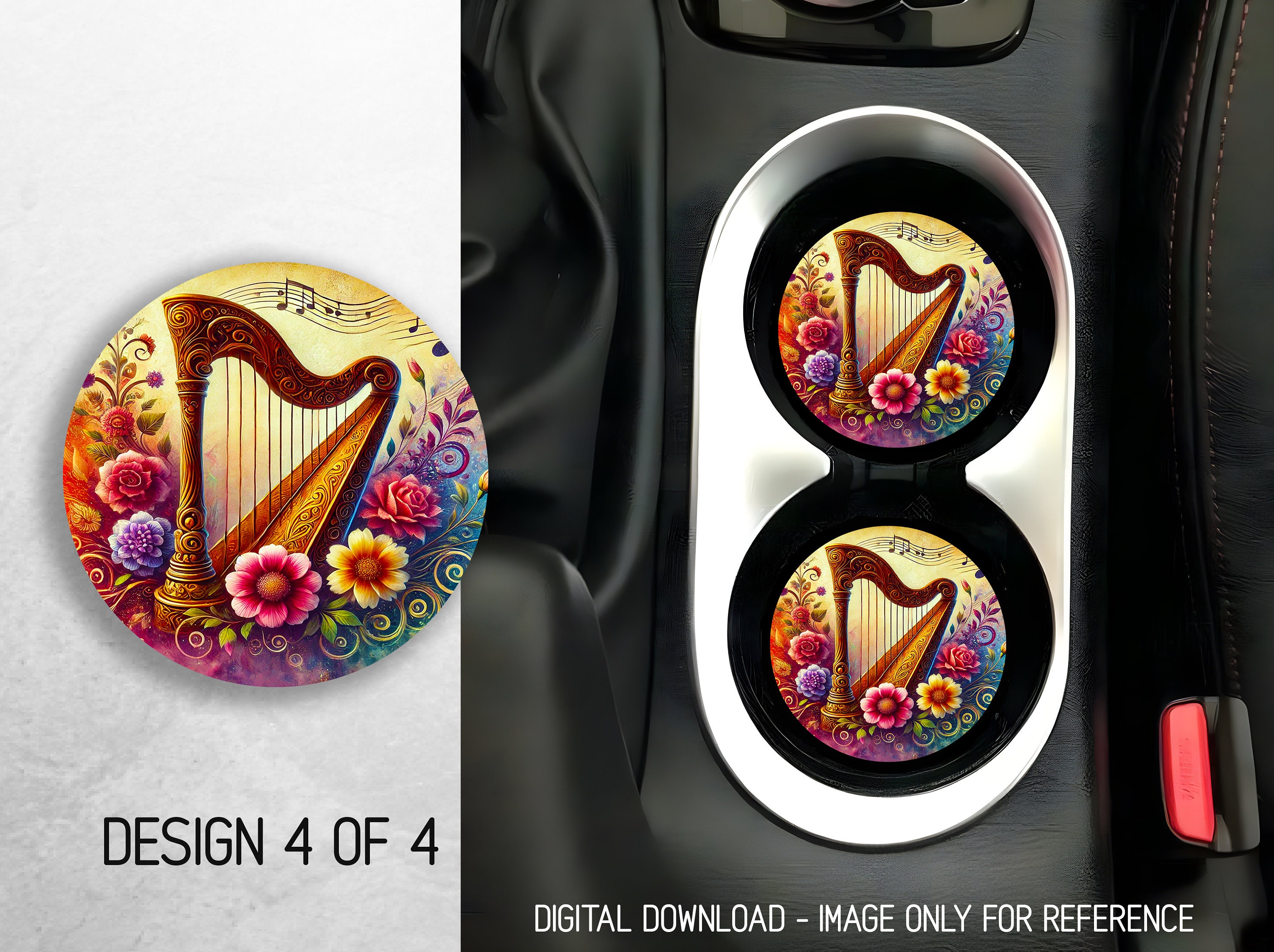 Harp Car Coaster PNG Bundle Floral Harp Coaster Png Sublimation Music ...