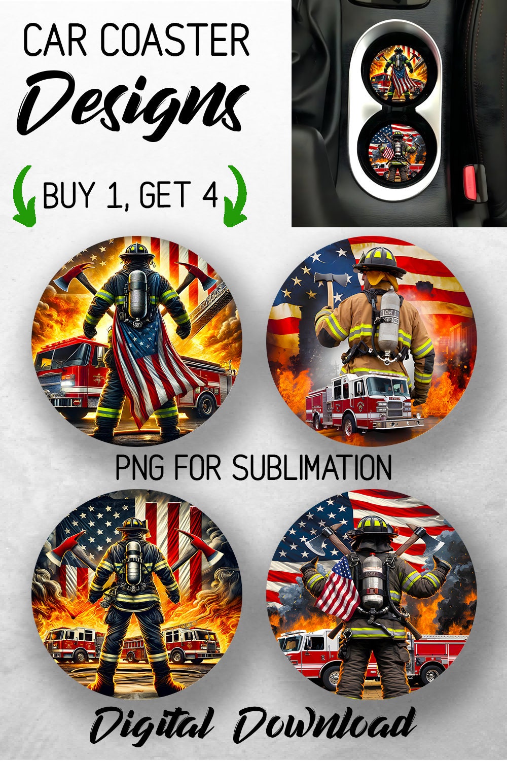 USA Firefighter Car Coaster PNG Bundle Patriotic Coaster Png ...