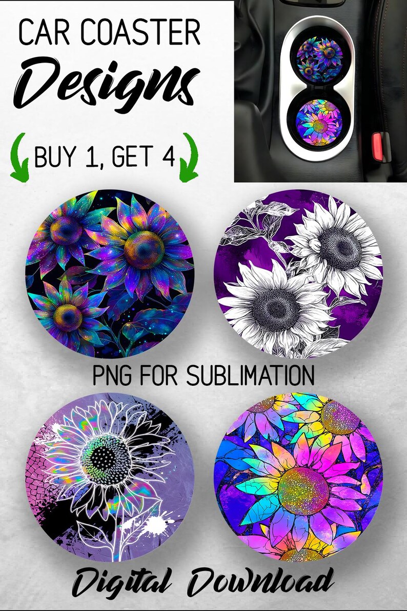 Purple Sunflower Car Coaster PNG Bundle Colorful Flower Car Coaster ...