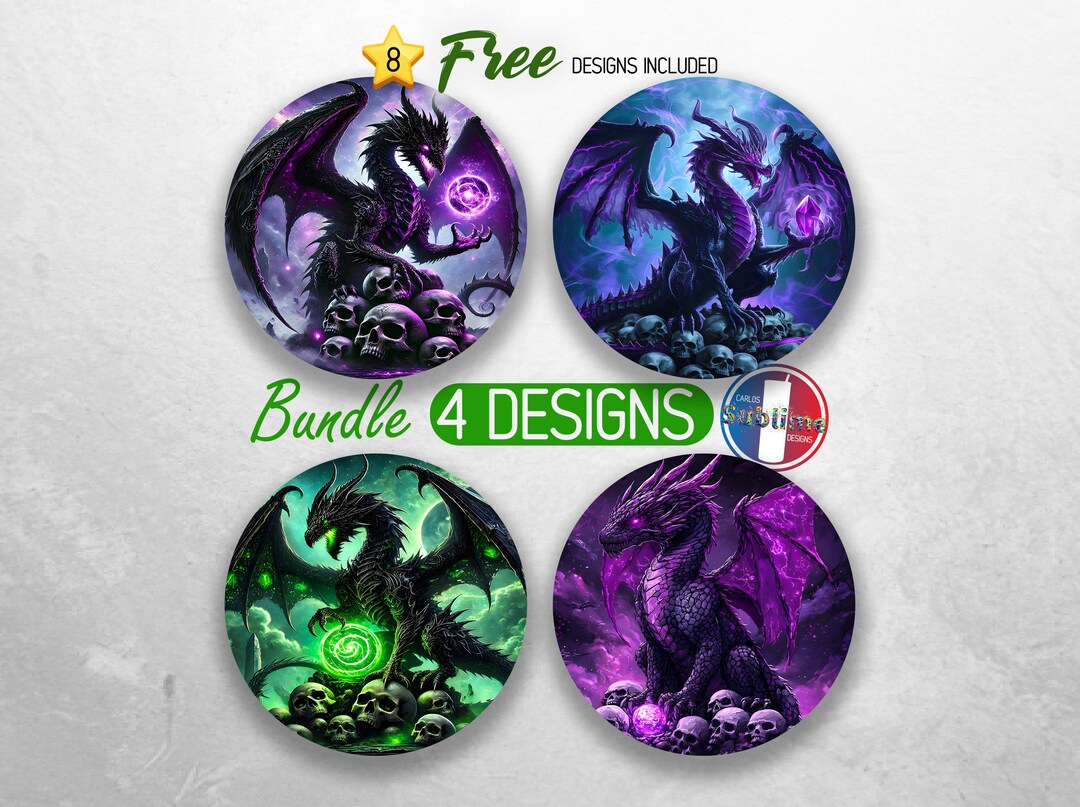 Dragon and Skulls Car Coaster PNG Bundle Purple Dragon Coaster Png ...