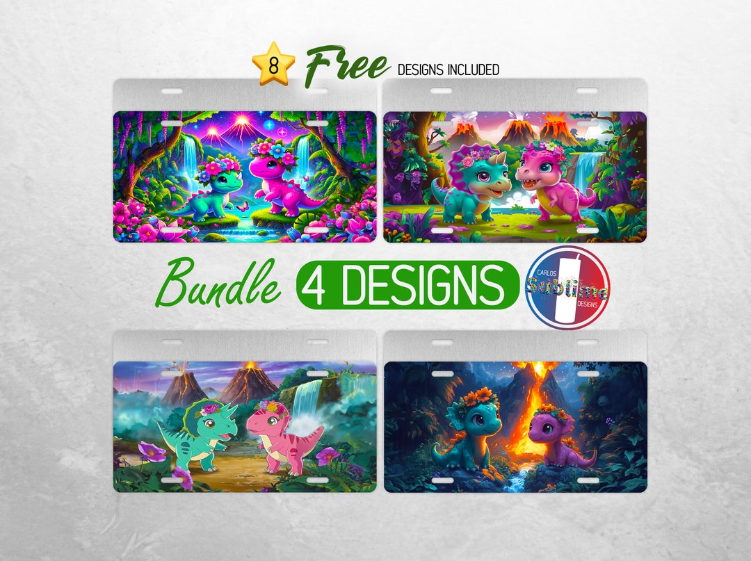 Pink Dinosaur License Plate PNG Bundle Kawaii Dino License Plate Design ...