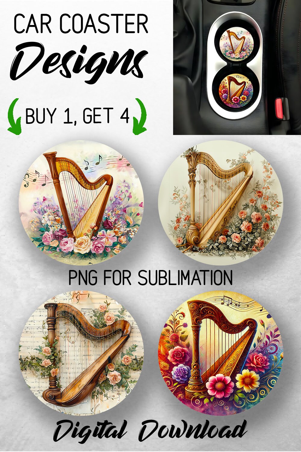 Harp Car Coaster PNG Bundle Floral Harp Coaster Png Sublimation Music ...