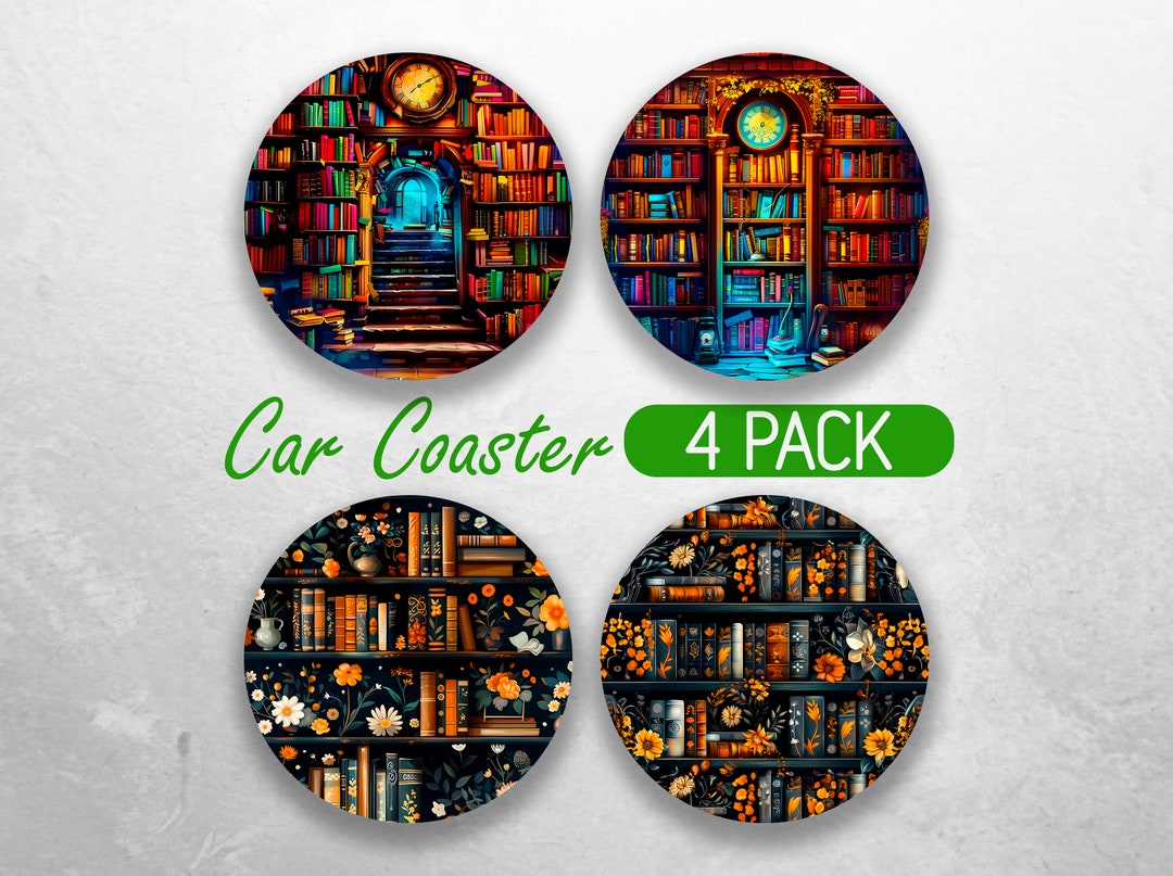 Books and Flowers Car Coaster PNG Bookshelf Reading Book Car Coaster ...