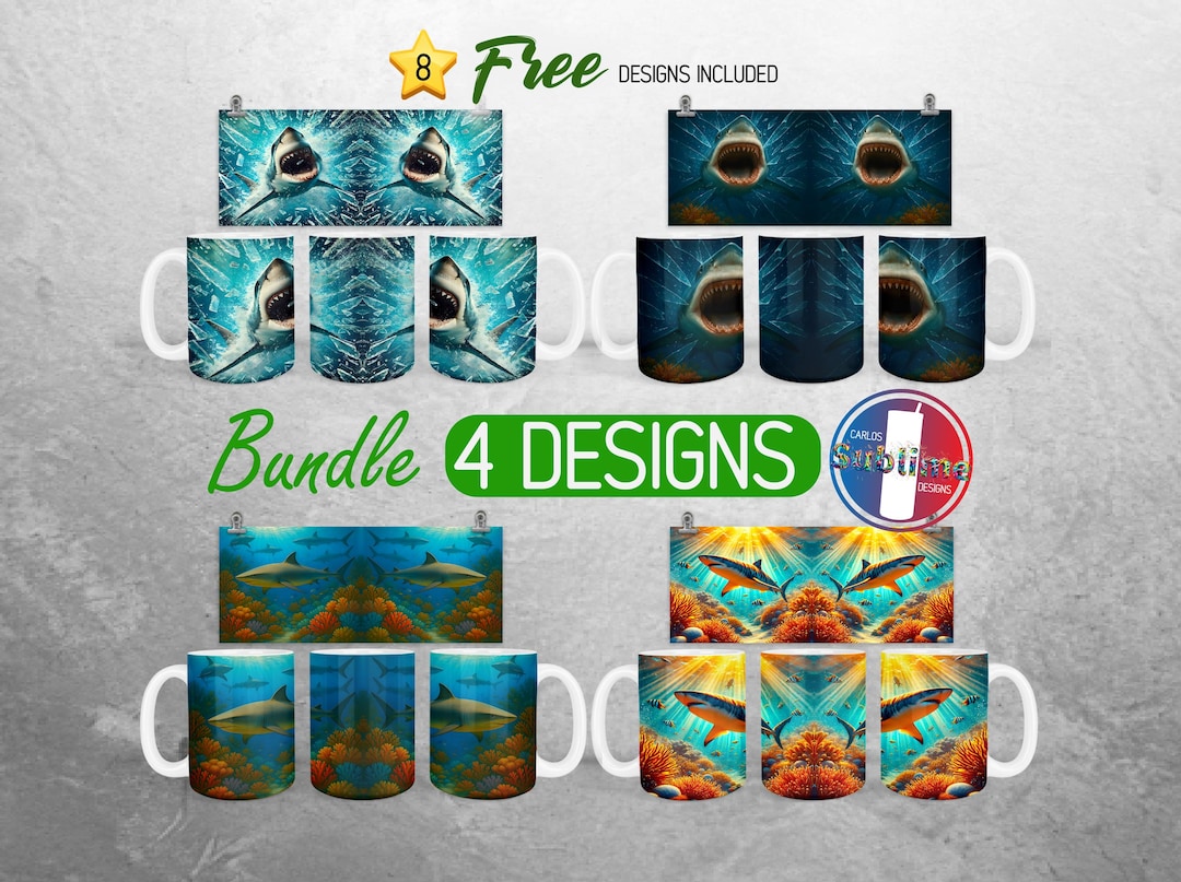 3D Shark Mug Wrap Bundle Great White Shark Mug PNG Design Ocean Sea ...